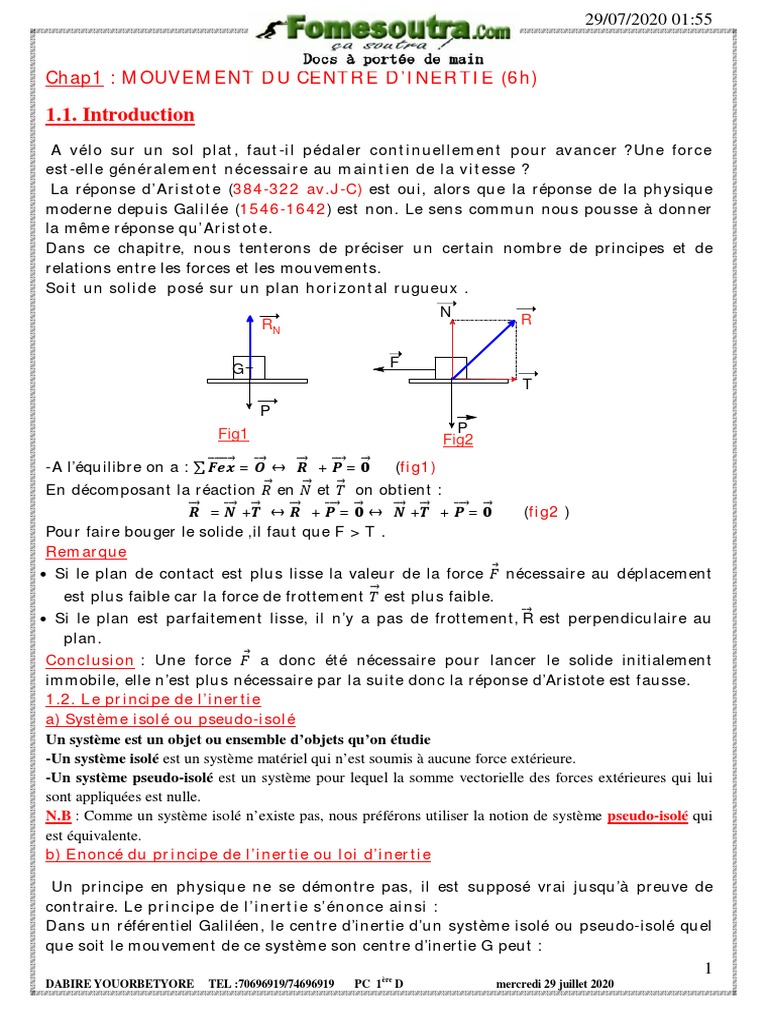 Chap1-Mouvement de Centre D'inertie (6h) | PDF | Centre d'inertie | Lois du mouvement de Newton