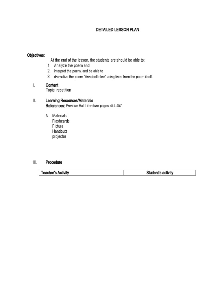 Annabel Lee Lesson Plan Overview | PDF | Prayer