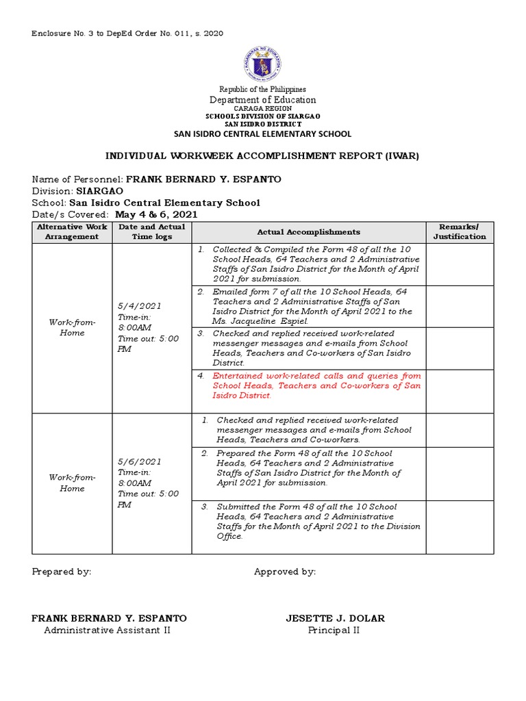 Online 2021 Individual Workweek Acc. Report (Iwar) 05-2021 | PDF | Philippines | Government