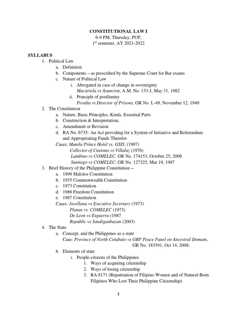 Constitutional Law I Syllabus Overview | PDF | Commission On Elections ...