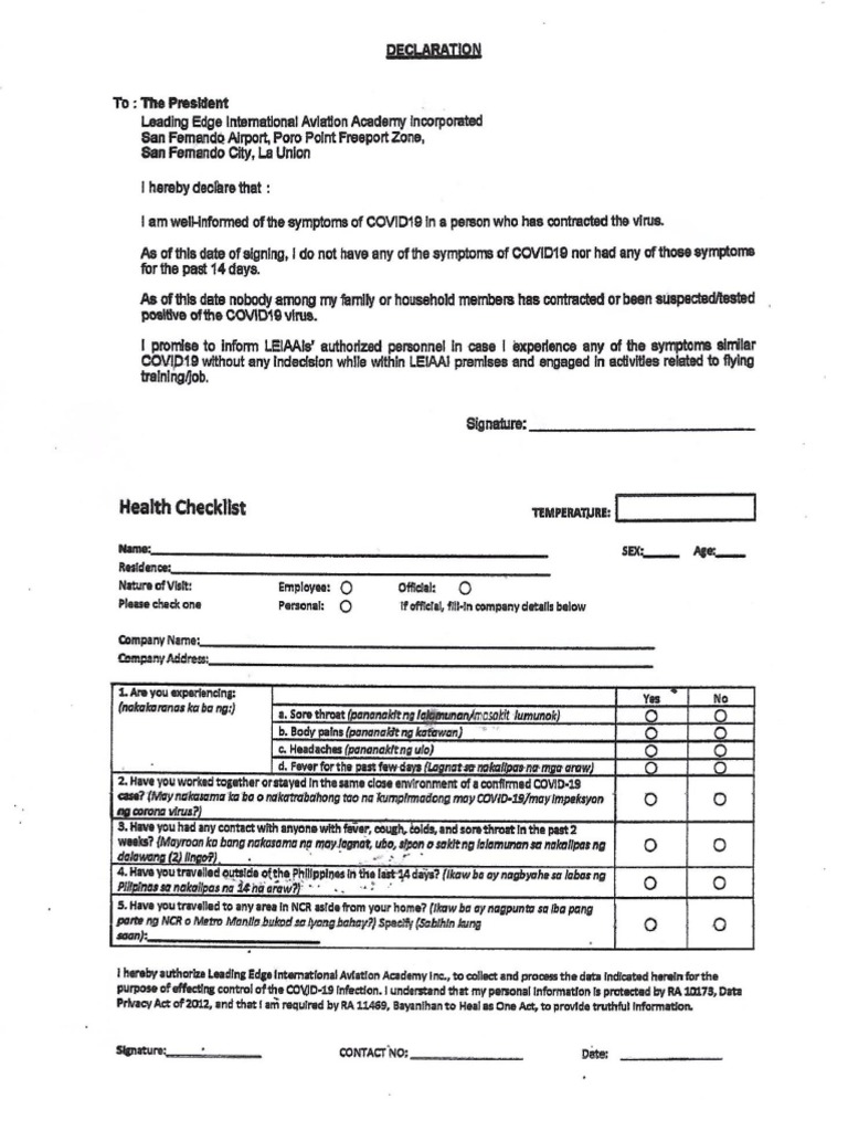 Health Declaration Form 2022 | PDF