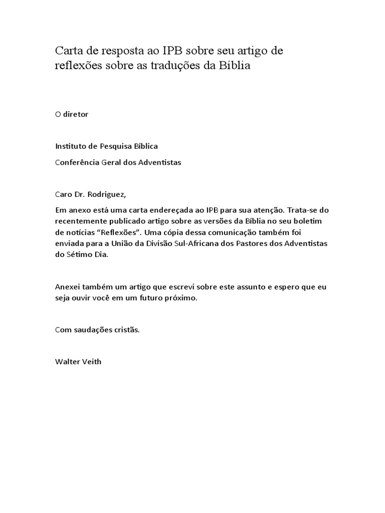 Carta de Resposta Ao IPB Sobre Seu Artigo de Reflexões Sobre As ...