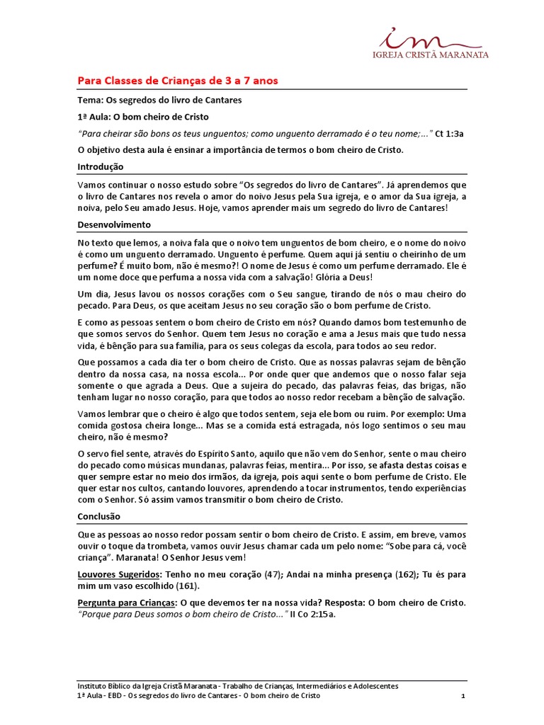1a Aula - EBD - CIA - Os Segredos Do Livro de Cantares - O Bom Cheiro ...