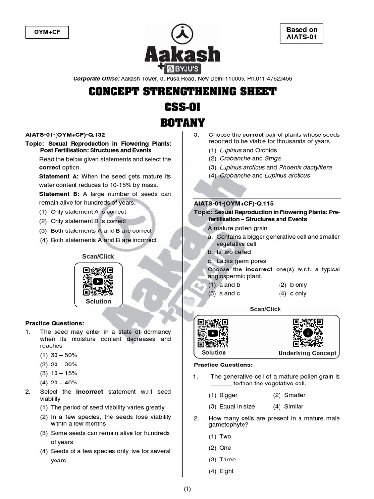 Concept Strengthening Sheet CSS 01 Based On AIATS 01 CF+OYM Botany | PDF Concept Strengthening Sheet CSS 01 Based On AIATS 01 CF+OYM Botany | PDF