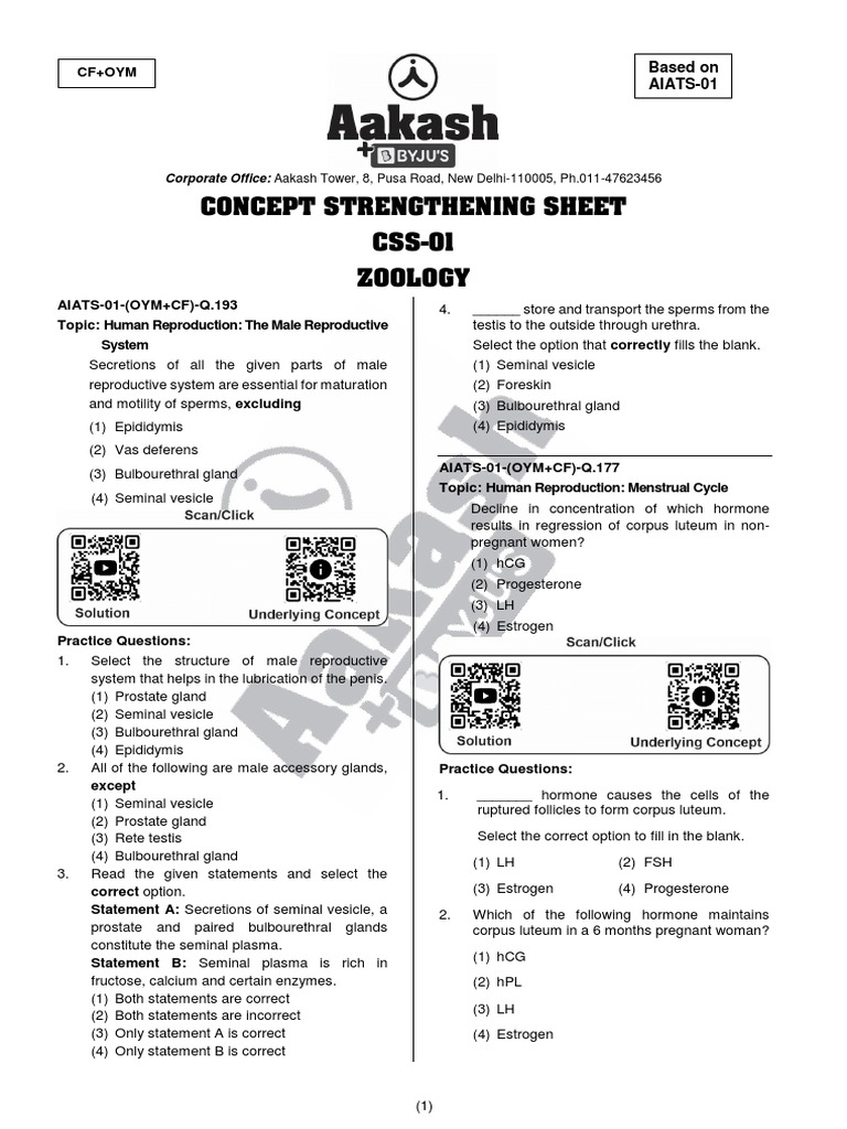 Concept Strengthening Sheet CSS 01 Based On AIATS 01 CF+OYM Zoology | PDF | Menstrual Cycle | Labia