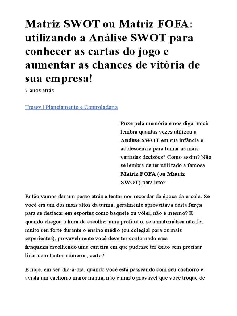 Análise SWOT Ou Análise FOFA Conceito e Exemplos Da Matriz SWOT | PDF ...