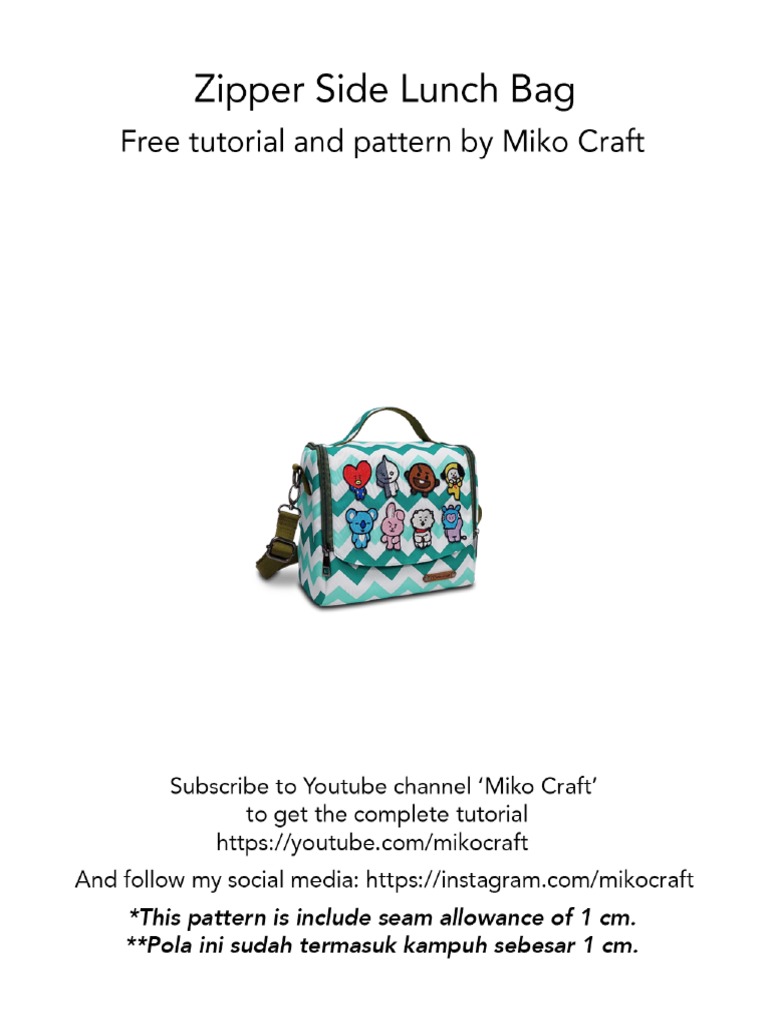 Zipper Side Lunch Bag - Free Pattern and Tutorial by Miko Craft | PDF