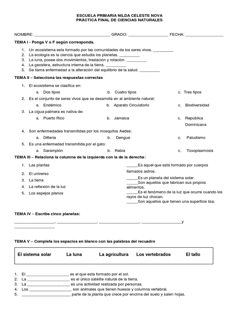 PRACTICA FINAL DE CIENCIAS NATURALES 4to Grado | PDF | Tierra