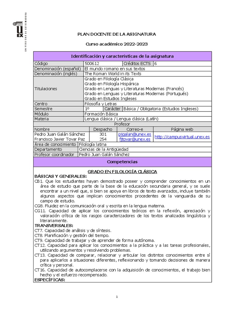 Plan Docente de La Asignatura Curso Académico 2022-2023 Identificación y Características de La ...