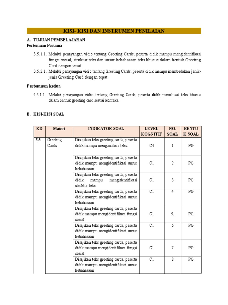 Kisi-Kisi Dan Instrumen Penilaian | PDF