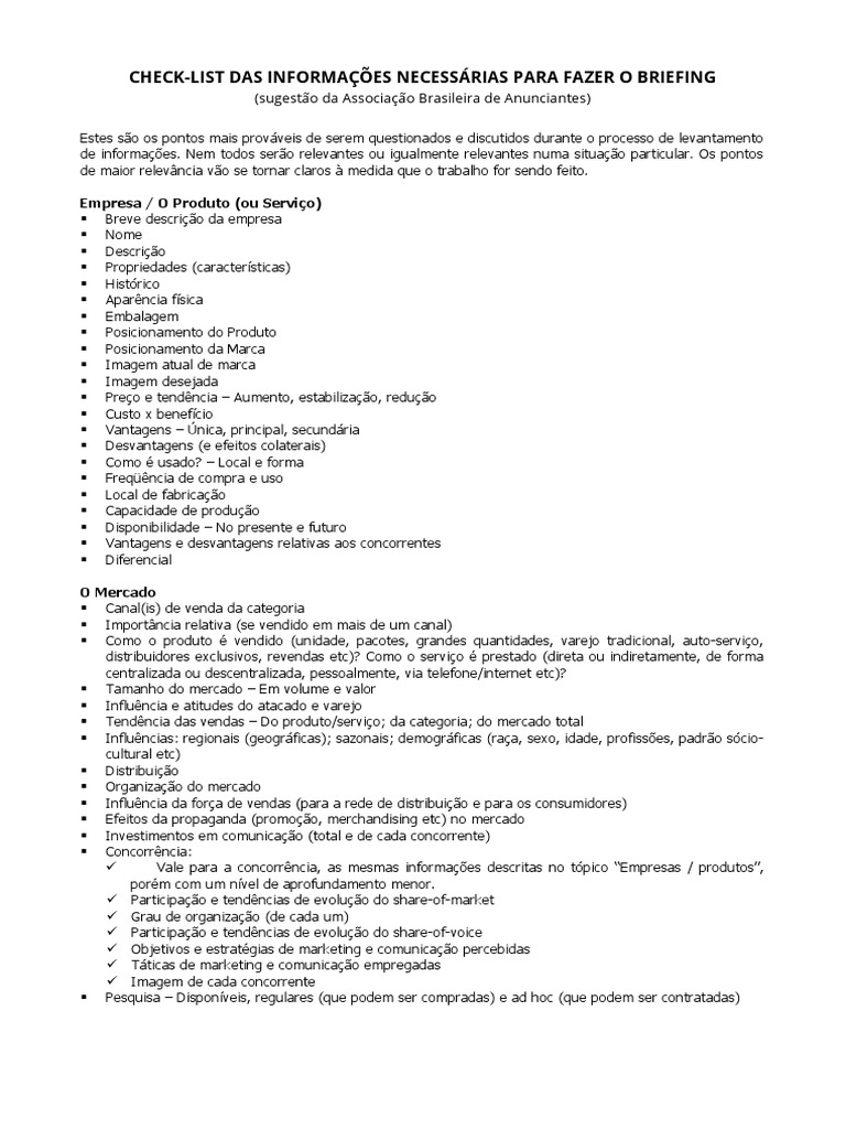 Modelo de Briefing ABA | PDF | Marketing | Mercado (economia)