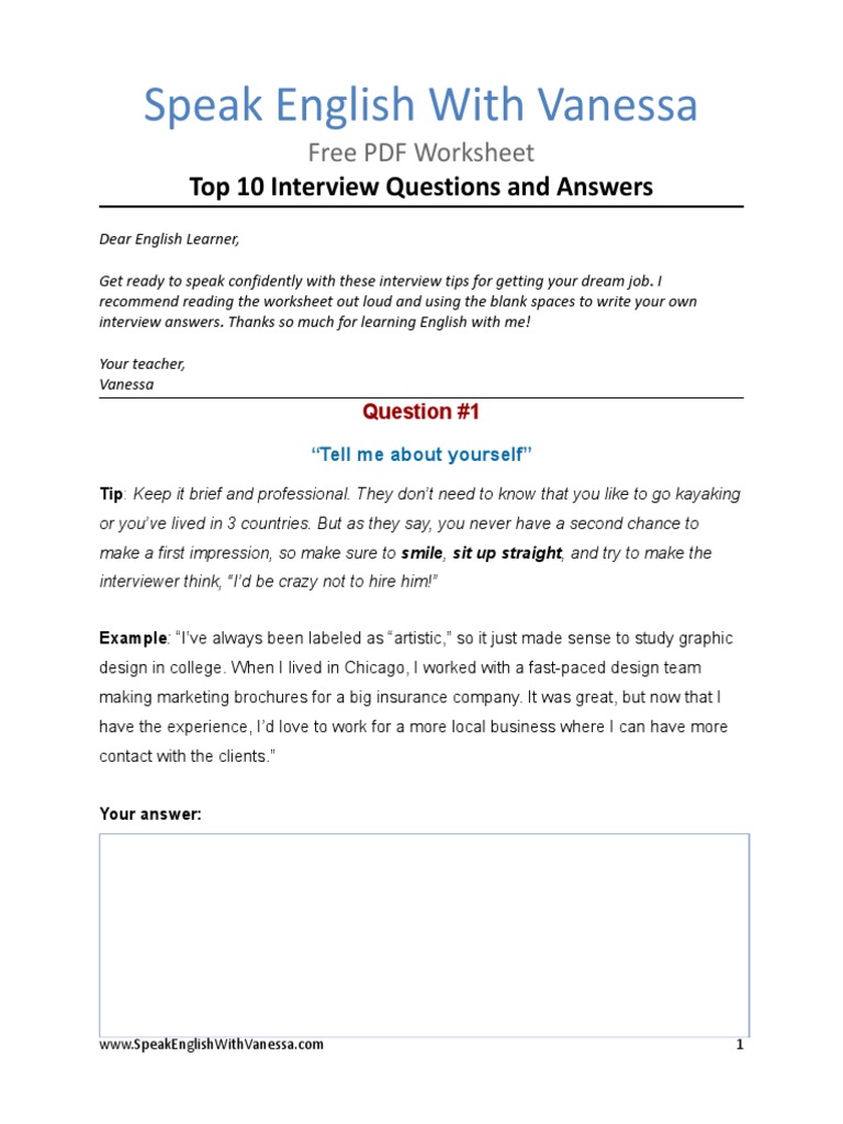 Top 10 Interview Questions and Answers - Speak Eng | Download Free PDF | Cognition | Communication