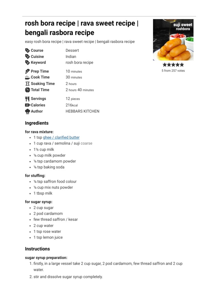 Rosh Bora Recipe - Rava Sweet Recipe - Bengali Rasbora Recipe - Hebbar's Kitchen | PDF | Diet ...