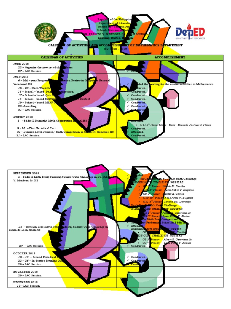Math - Calendar of Activities and Accomplishment | PDF