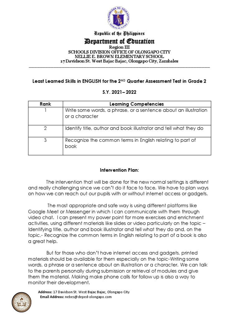 2nd Q - Least Learned Skills in ENGLISH 2-2ND - S.Y 2021 - 2022 | PDF | Learning | Communication