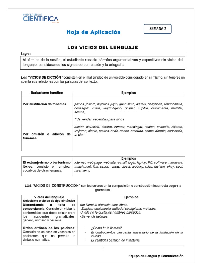 Hoja de Aplicación Sem 2 | PDF | Palabra | Adjetivo