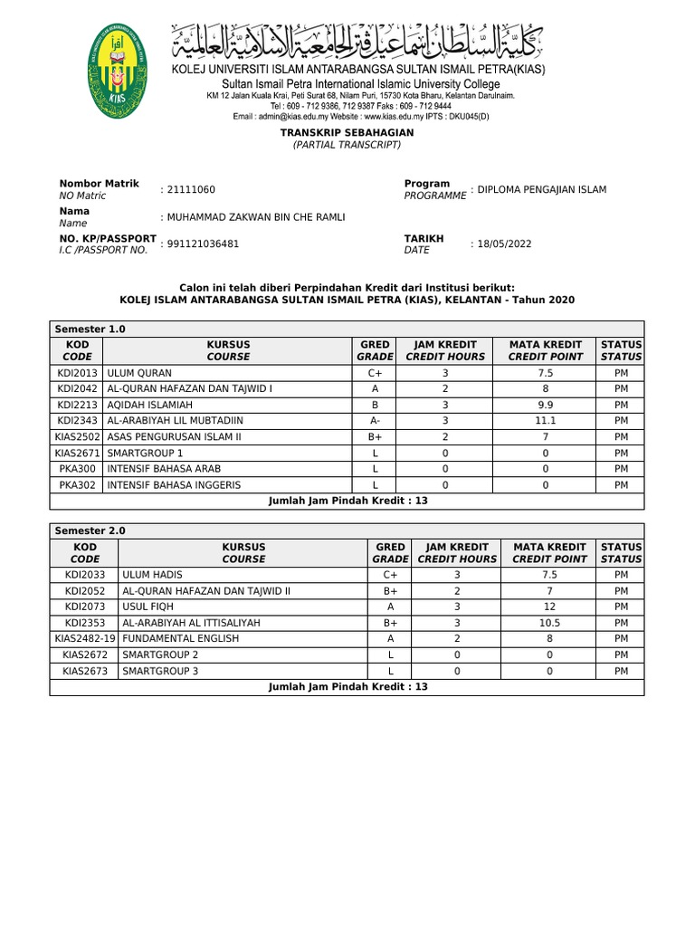 (Partial Transcript) : Code Course Grade Credit Hours Credit Point ...