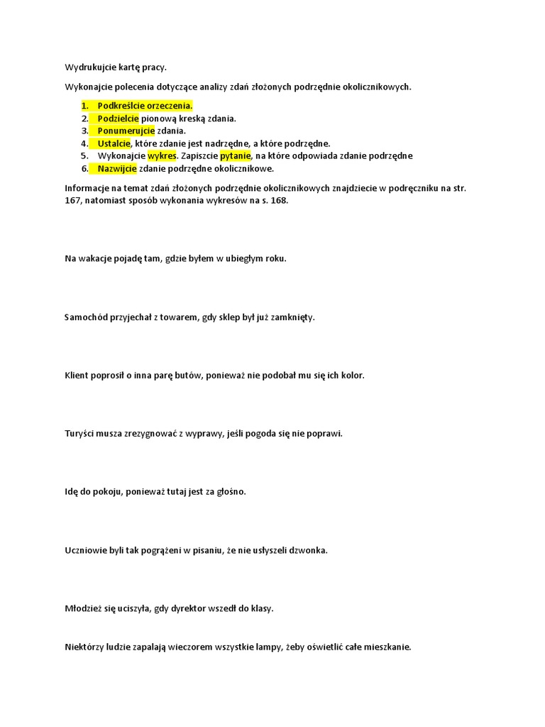 Karta Pracy - Zdania Złożone Podrzędnie Okolicznikowe | PDF