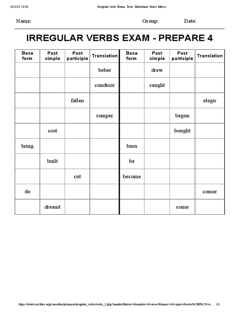 Irregular Verbs Exam. Tests. BE-FALL | PDF