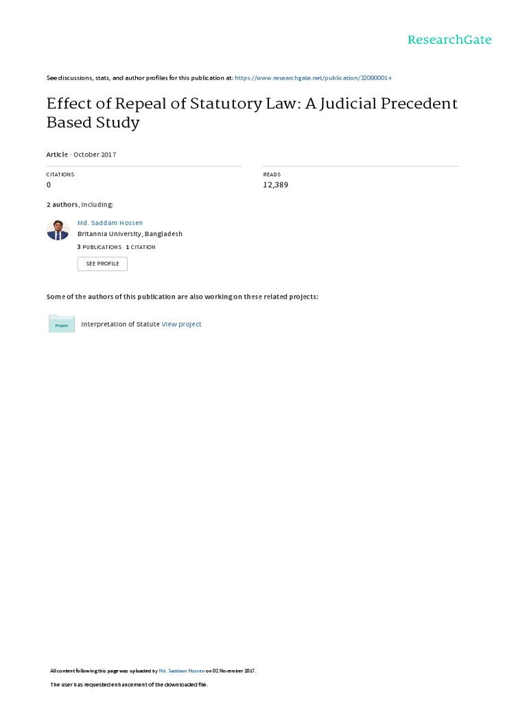 Effect of Repeal of Statutory Law A Judicial Precedent Based Study ...