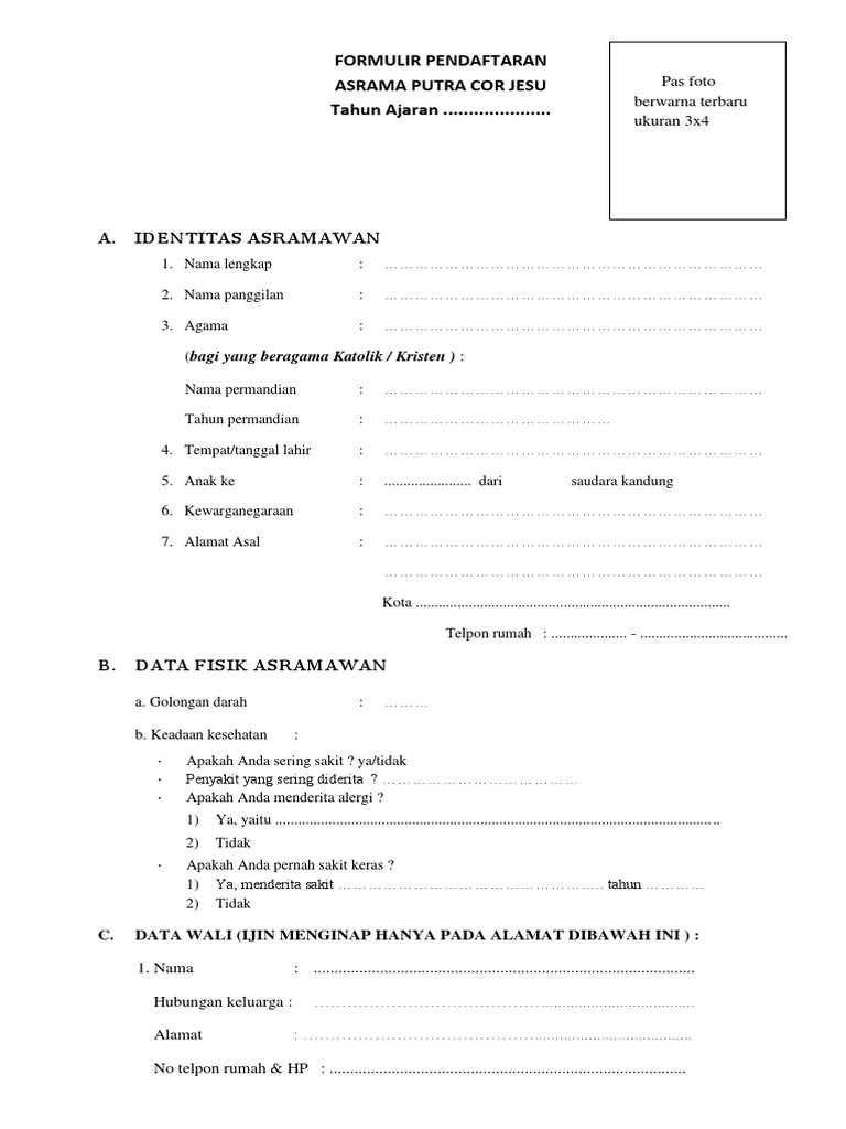 FORMULIR PENDAFTARAN Asrama Putra | PDF