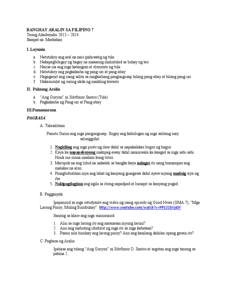 Banghay Aralin Ang Guryon at Pagkakaiba NG Pang Uri at Pang Abay | PDF