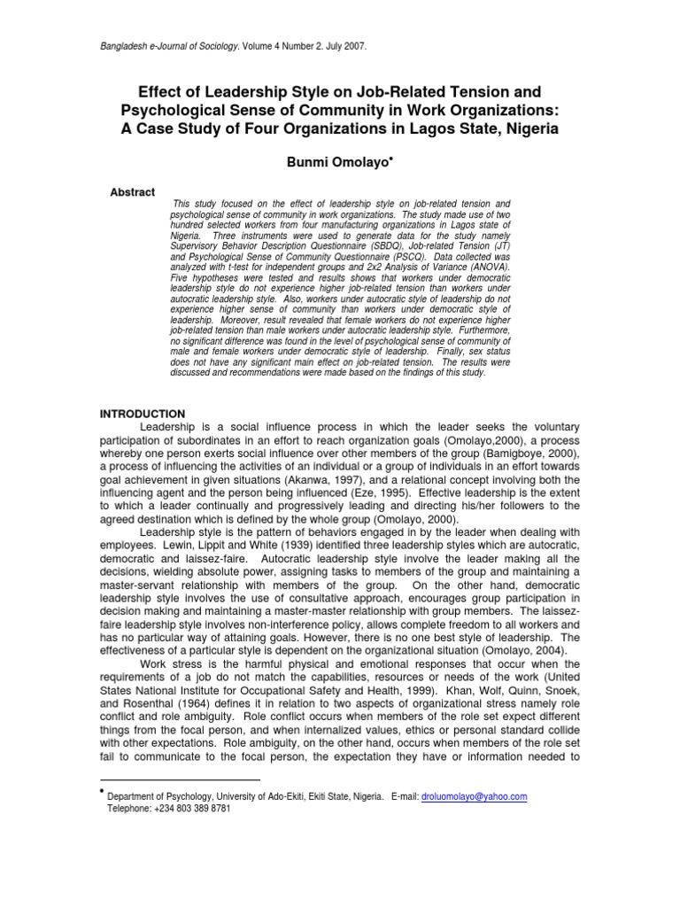 Effect of Leadership Style On Job Related Tension | PDF | Leadership ...