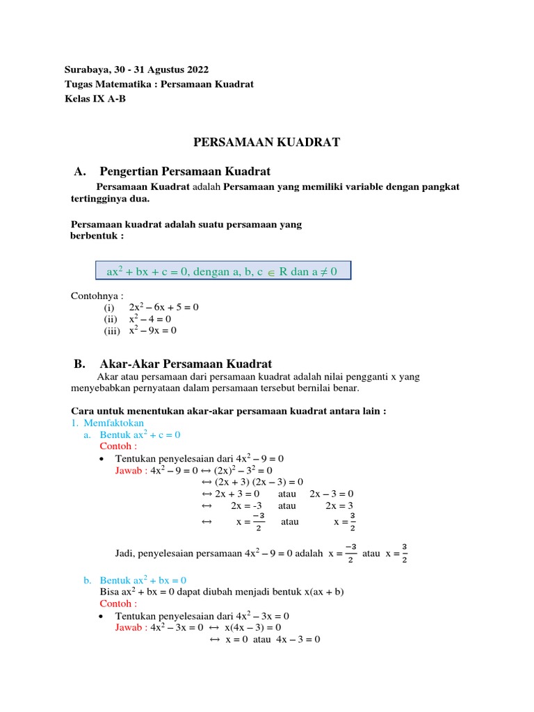 Materi Persamaan Kuadrat (New) | PDF