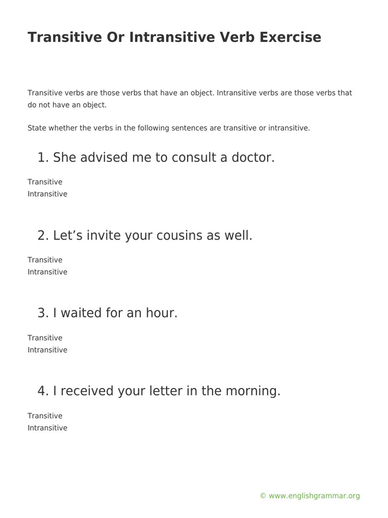 Transitive and Intransitive Verbs Exercise | PDF | Language Arts ...