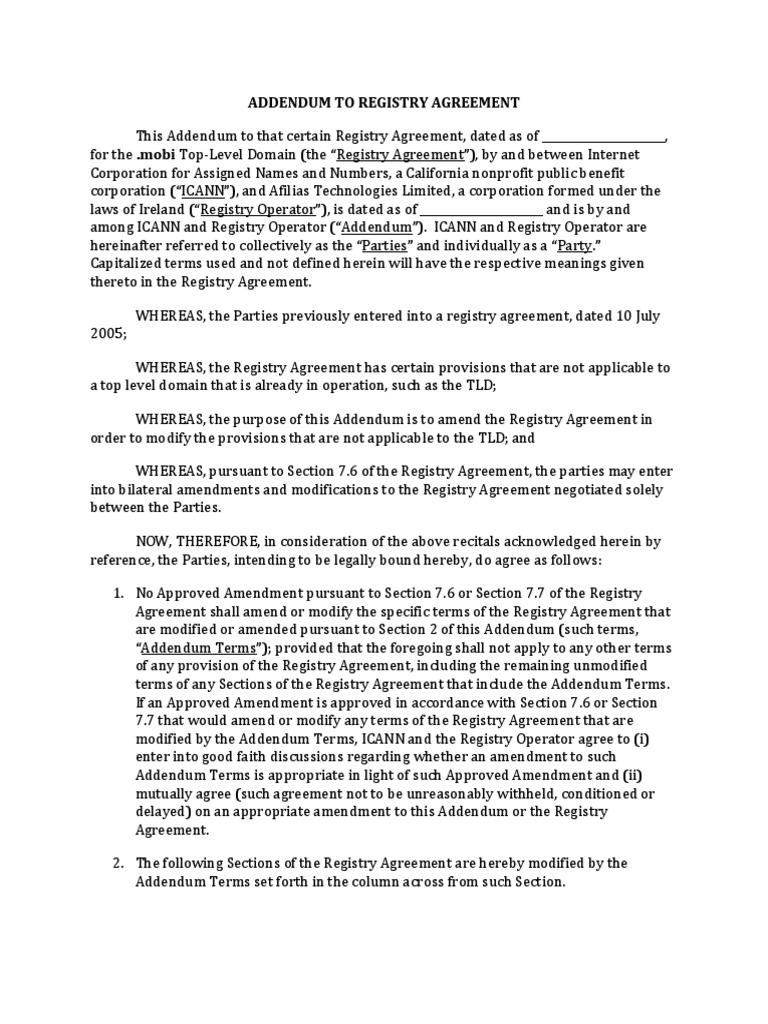 Addendum Registry Agreement Template | PDF