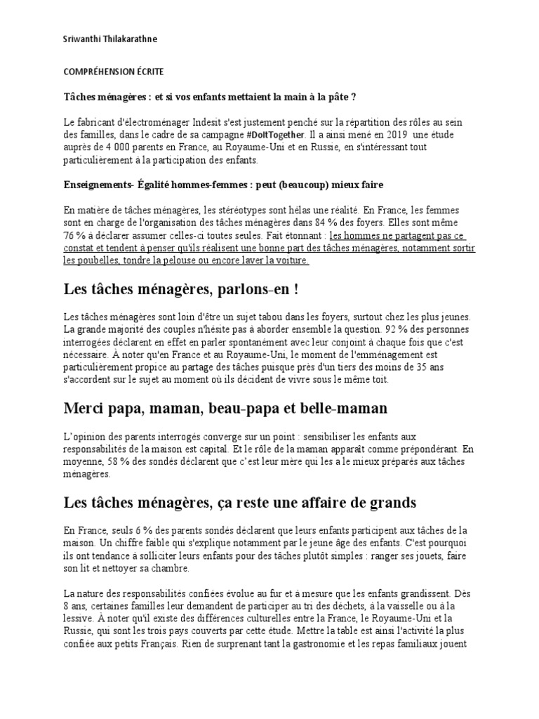 Tâches Ménagères | PDF | Invalidité | Paris