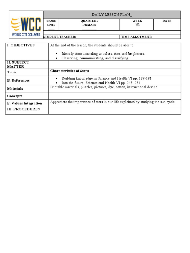 Characteristics of Stars Lesson Plan | PDF | Stars | Sun