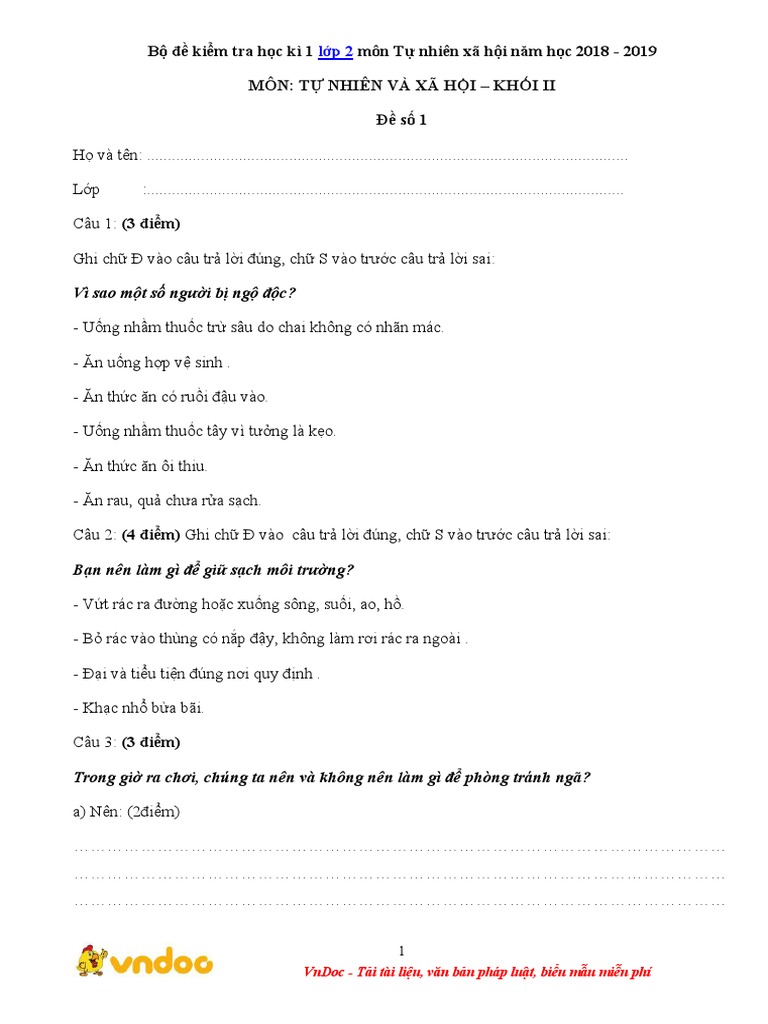 Bo de Kiem Tra Hoc Ki 1 Lop 2 Mon Tu Nhien Xa Hoi Nam Hoc 2018 2019 | PDF