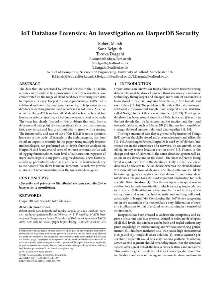 IoT Database Forensics: An Investigation On HarperDB Security | PDF | Databases | Security