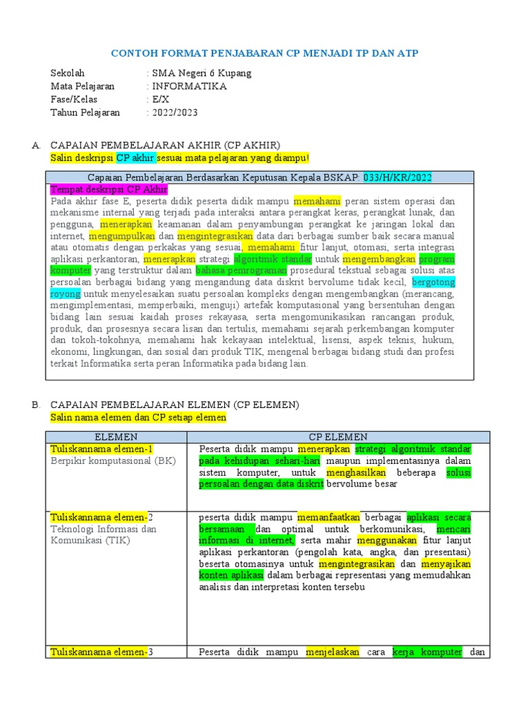 01c. Contoh Format Penjabaran CP Menjadi TP Dan ATP-SMA INFORMATIKA E | PDF