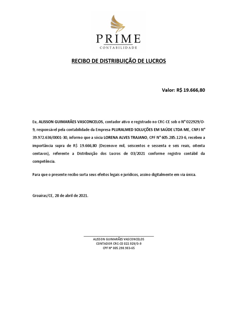Modelo Recibo Distribuicao de Lucros | PDF