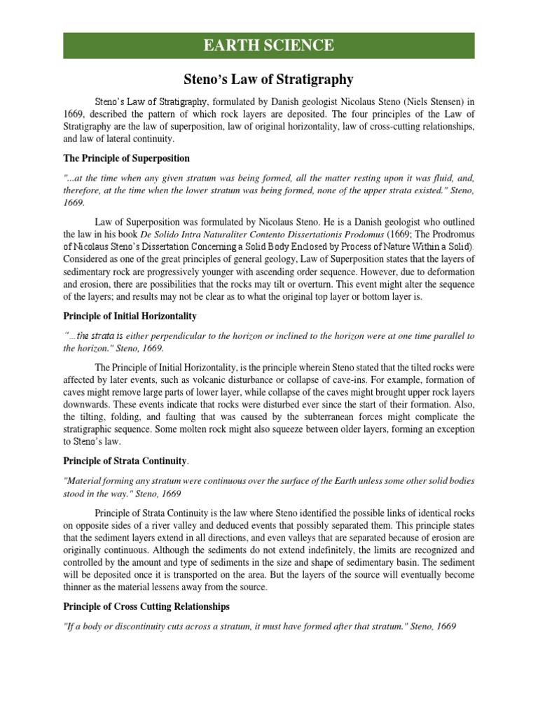 Steno's Law of Stratigraphy Study Guide | PDF | Stratigraphy ...