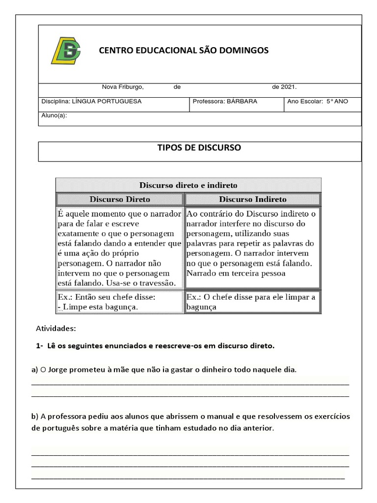Discurso Direto e Indireto 5 Ano 2021 | PDF