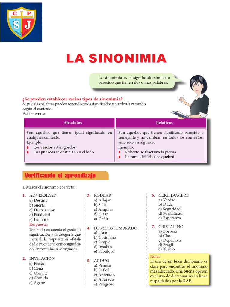 Los Sinónimos para Primer Grado de Secundaria | PDF