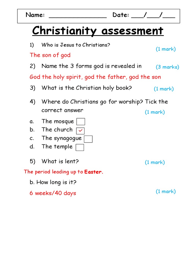 L5 - Answer Sheet - Christianity Assessment | PDF | Christmas | Lent
