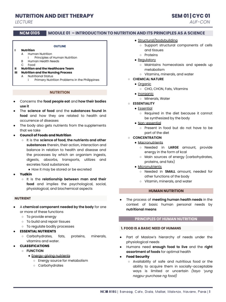 01 - LEC Introduction To Nutrition and Its Principles As A Science ...