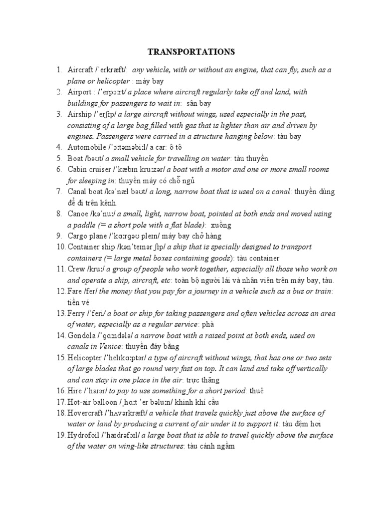 100 Words-Transportations | PDF | Transport | Land Transport