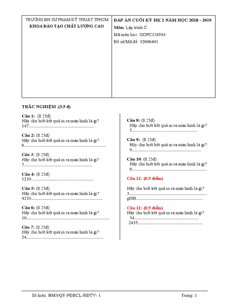 18-19, HK2, Lap Trinh C, OOPC326964, Dap An, Upload | PDF