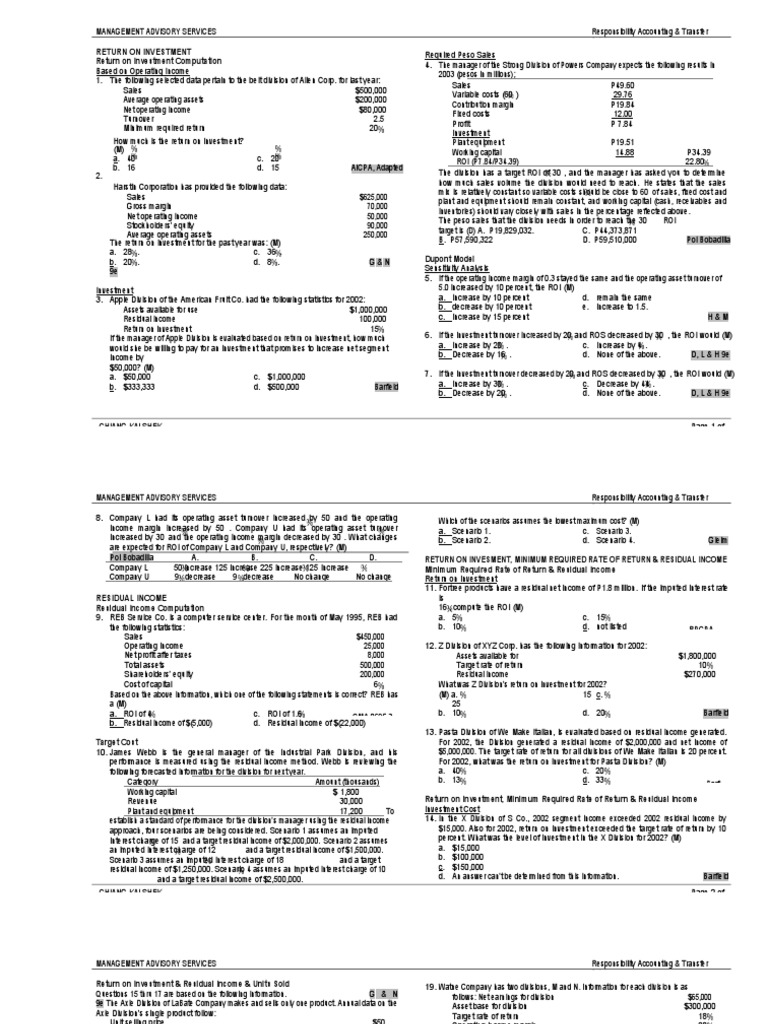 Responsibility Acctg Transfer Pricing GP Analysis | PDF | Return On Investment | Equity (Finance)