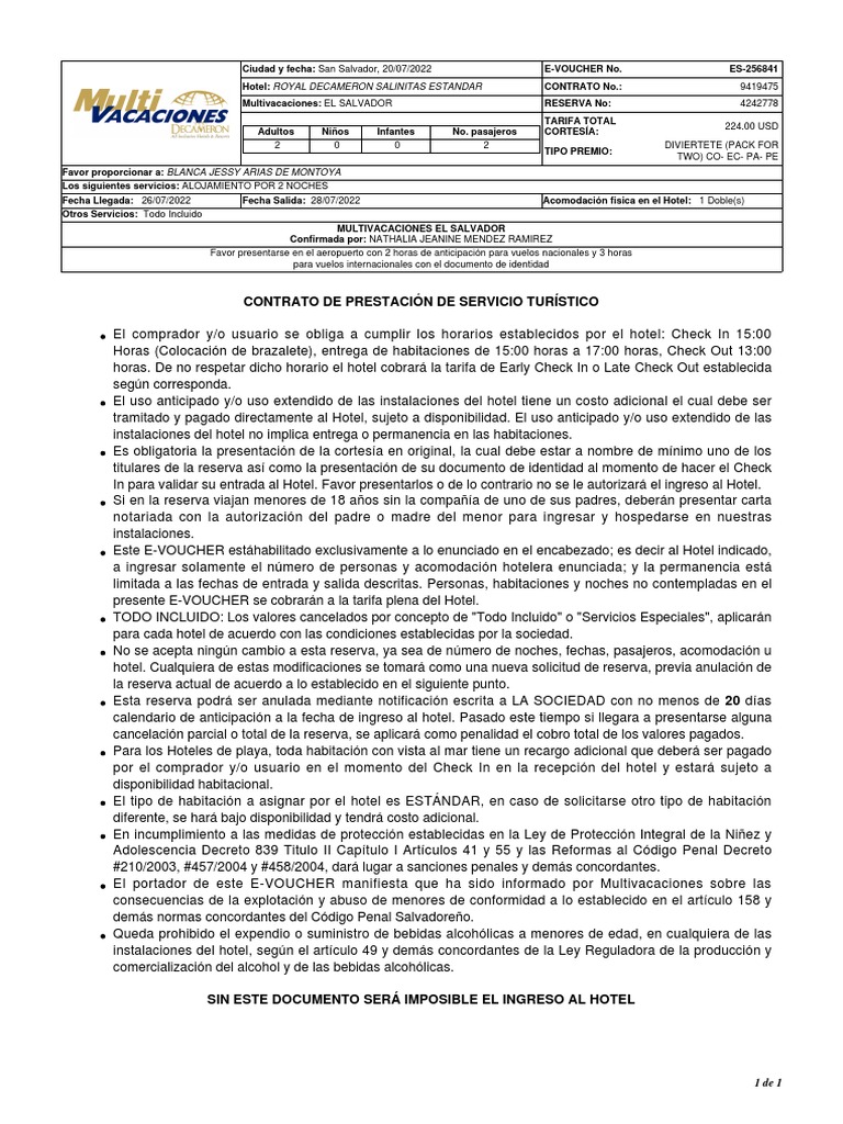 Contrato de Prestación de Servicio Turístico: 9419475 4242778 224.00 ...