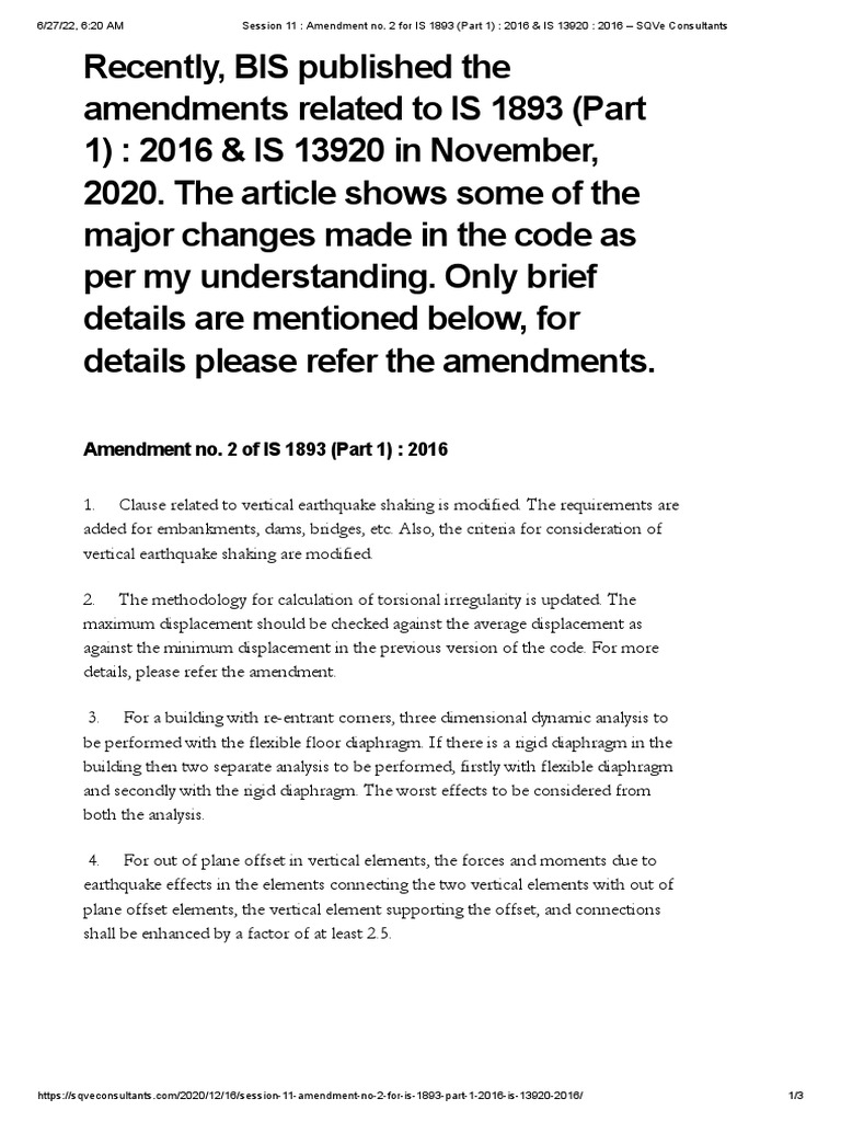 Session 11 - Amendment No. 2 For IS 1893 (Part 1) - 2016 & IS 13920 ...