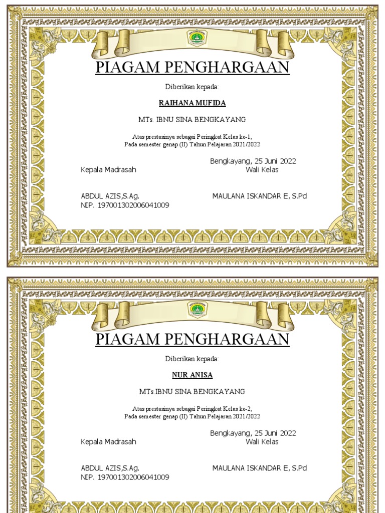 Piagam Juara Kelas - Sertifikat Mts | PDF