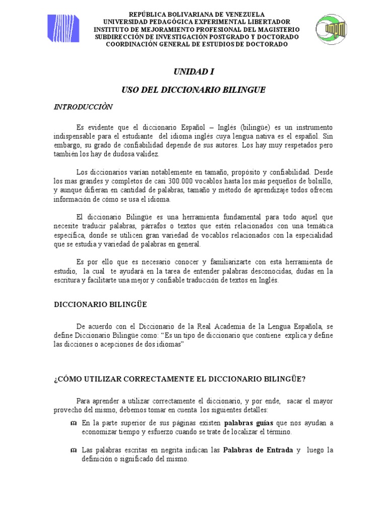 Unidad I. Uso Del Diccionario Bilingue | PDF | Diccionario | Multilingüismo