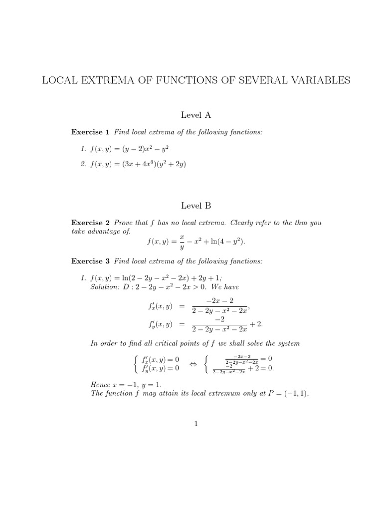 Local Extrema Exercises for Multivariable Functions | PDF | Maxima And Minima | Analysis