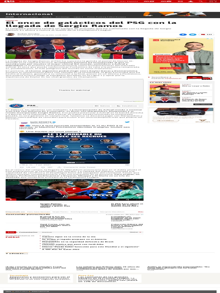 El Once de Galácticos Del PSG Con La Llegada de Sergio Ramos | PDF ...